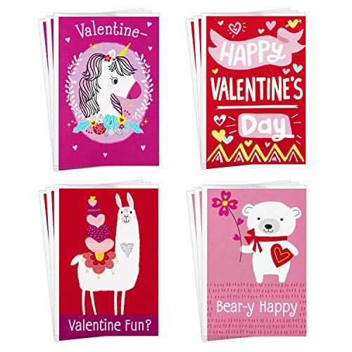 Hallmark Assorted Valentines Day Cards for Kids, 12 Cards with Envelopes (Unicorns, Bears, Llamas)