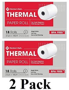 thermal receipt paper rolls, 3 1/8 x 190', 18 rolls (2 pack)