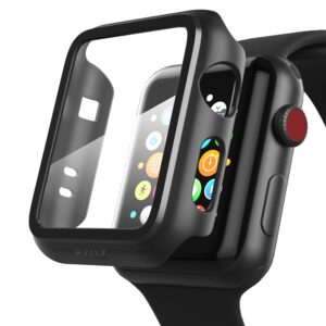 pzoz compatible for apple watch series 3 / series 2 case with screen protector 38mm accessories slim guard thin bumper full coverage matte hard cover defense edge for iwatch women men gps (black)