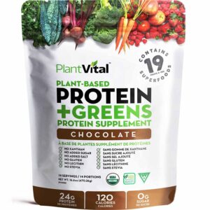 plantvital vegan protein powder plant based - organic protein powder chocolate - 24g/0g sugar, 18 superfoods, probiotics, raw cocoa, pea, gluten-free, keto-friendly, 16oz