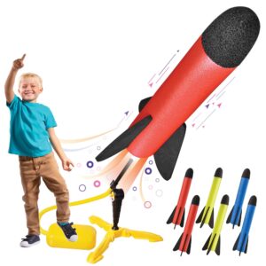 toy rocket launcher for kids – shoots up to 100 feet – 6 colorful foam rockets and sturdy launcher stand, launch pad - fun outdoor toy for kids - gift toys for boys and girls age 3+ years old