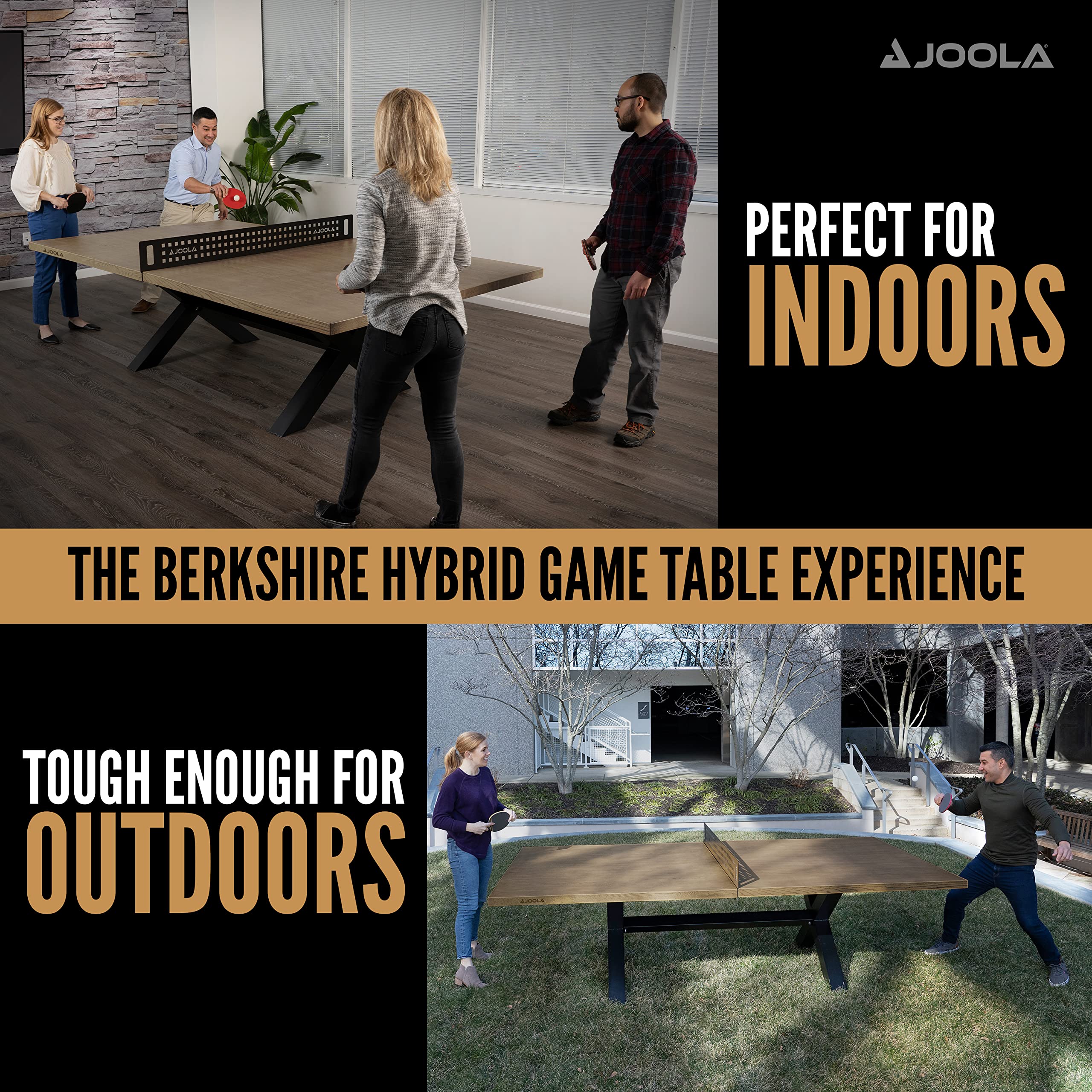 JOOLA Berkshire Outdoor Table Tennis Table - Multi Use Conference Table Dining Table - Concrete Oak Wood Look Includes Steel Outdoor Ping Pong Net Set & Frame - Hybrid Indoor Outdoor Ping Pong Table