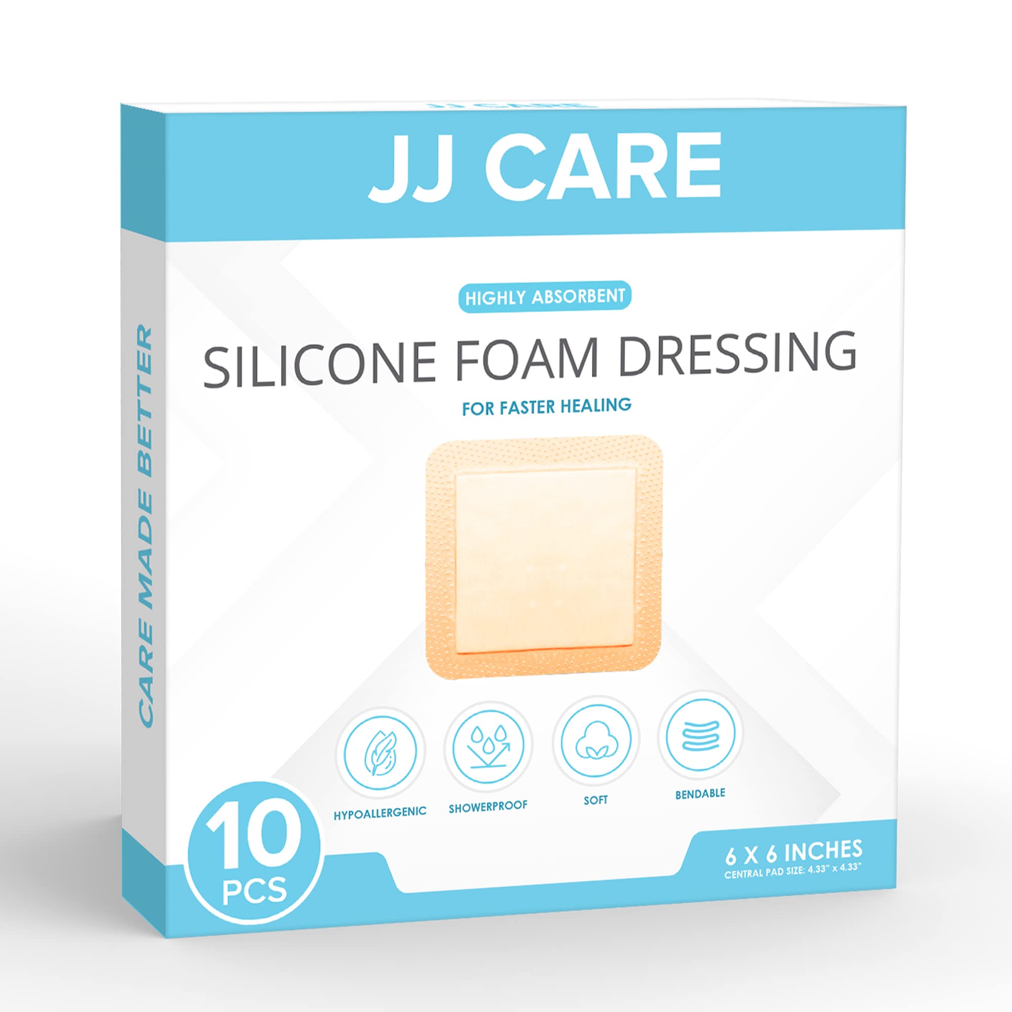 JJ CARE Silicone Foam Dressing 6x6 [Pack of 10], Silicone Bandages for Wounds, Waterproof Wound Dressing with Silicone Adhesive Border, Absorbent Bed Sore Bandages for Wound Care