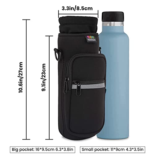 Nuovoware Water Bottle Carrier Bag, 25oz/32oz Bottle Pouch Holder, Adjustable Shoulder Hand Strap 2 Pocket Sling Neoprene Sleeve Sports Water Bottle Accessories for Men/Women Hiking Travelling, Black