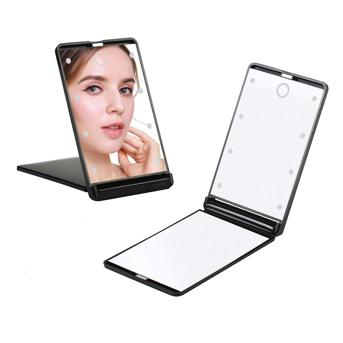 Feruaro Travel Mirror, Portable LED Lighted Makeup Mirror with 8 Dimmable Led Lights, Touch Switch Travel Makeup Mirror, Folding Compact Mirror 1X & 2X Magnification