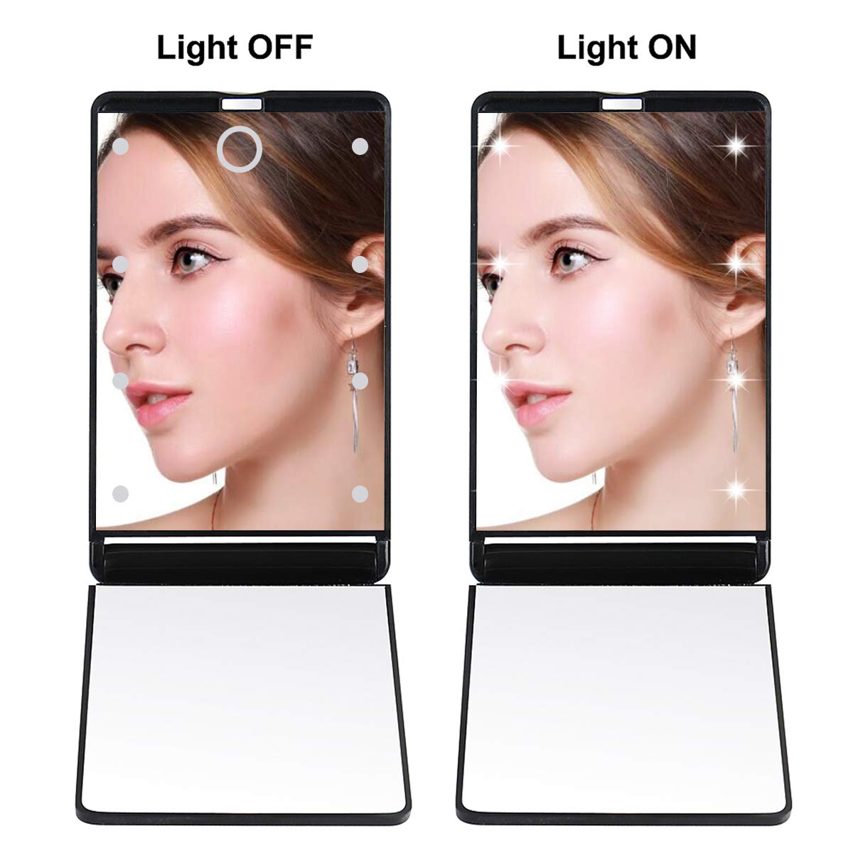 Feruaro Travel Mirror, Portable LED Lighted Makeup Mirror with 8 Dimmable Led Lights, Touch Switch Travel Makeup Mirror, Folding Compact Mirror 1X & 2X Magnification