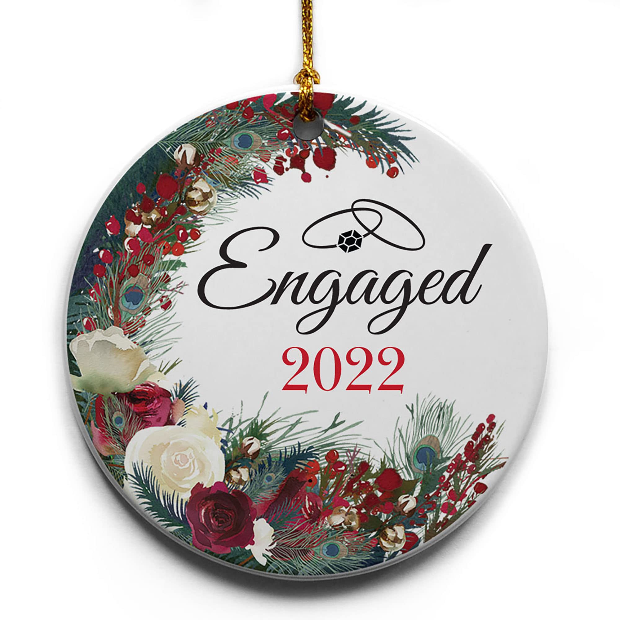 Engaged Wreath Ceramic Christmas Tree Ornament Collectible Holiday Keepsake 2.875" Round Ornament in Decorative Gift Box with Bow- Perfect and Unique Engagement Gifts for The Couple!