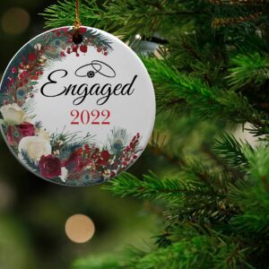 Engaged Wreath Ceramic Christmas Tree Ornament Collectible Holiday Keepsake 2.875" Round Ornament in Decorative Gift Box with Bow- Perfect and Unique Engagement Gifts for The Couple!