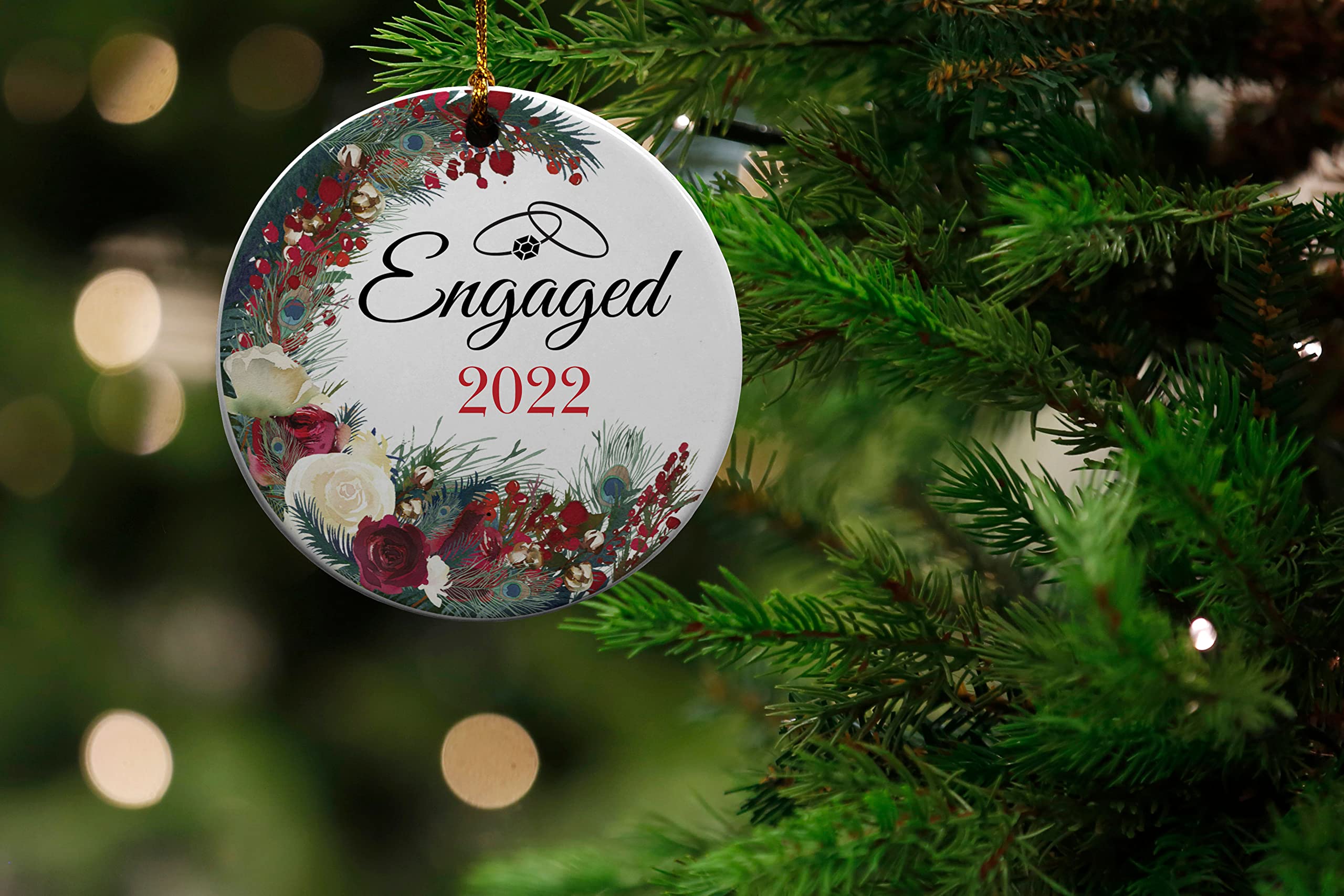 Engaged Wreath Ceramic Christmas Tree Ornament Collectible Holiday Keepsake 2.875" Round Ornament in Decorative Gift Box with Bow- Perfect and Unique Engagement Gifts for The Couple!