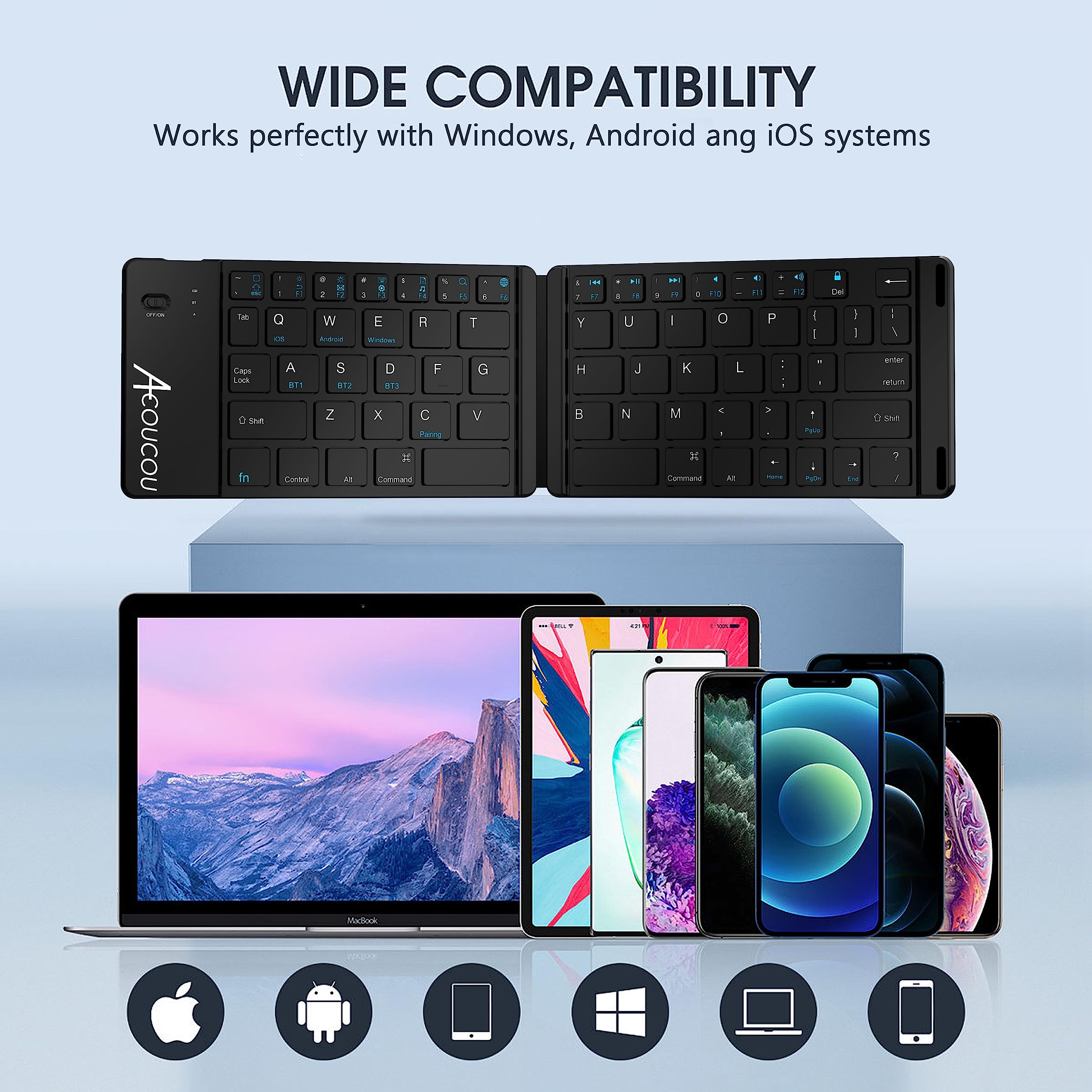 Acoucou Mini Bluetooth Keyboard Wireless Foldable Keyboard, Rechargeable Bluetooth Keyboard Portable Pocket Size Keyboard, Compatible with MAC/iOS, Windows, Android Smartphones, Tablets, Laptops etc.