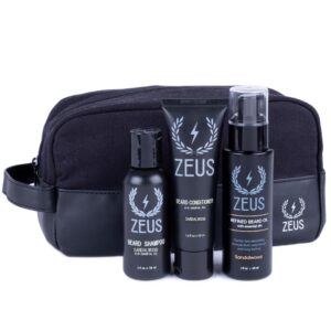 zeus refined essential beard care kit with travel toiletry bag - beard wash, beard conditioner, refined beard oil & travel dopp bag – (sandalwood) made in usa