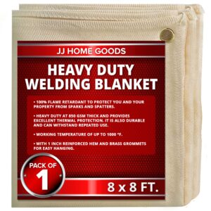 jj care welding blanket - 1 pack 8ft x 8ft welding mat - 850gsm fiberglass welding blanket with brass grommets, welders blanket for grill, smoker welding blanket heavy duty, welding tarp & shield