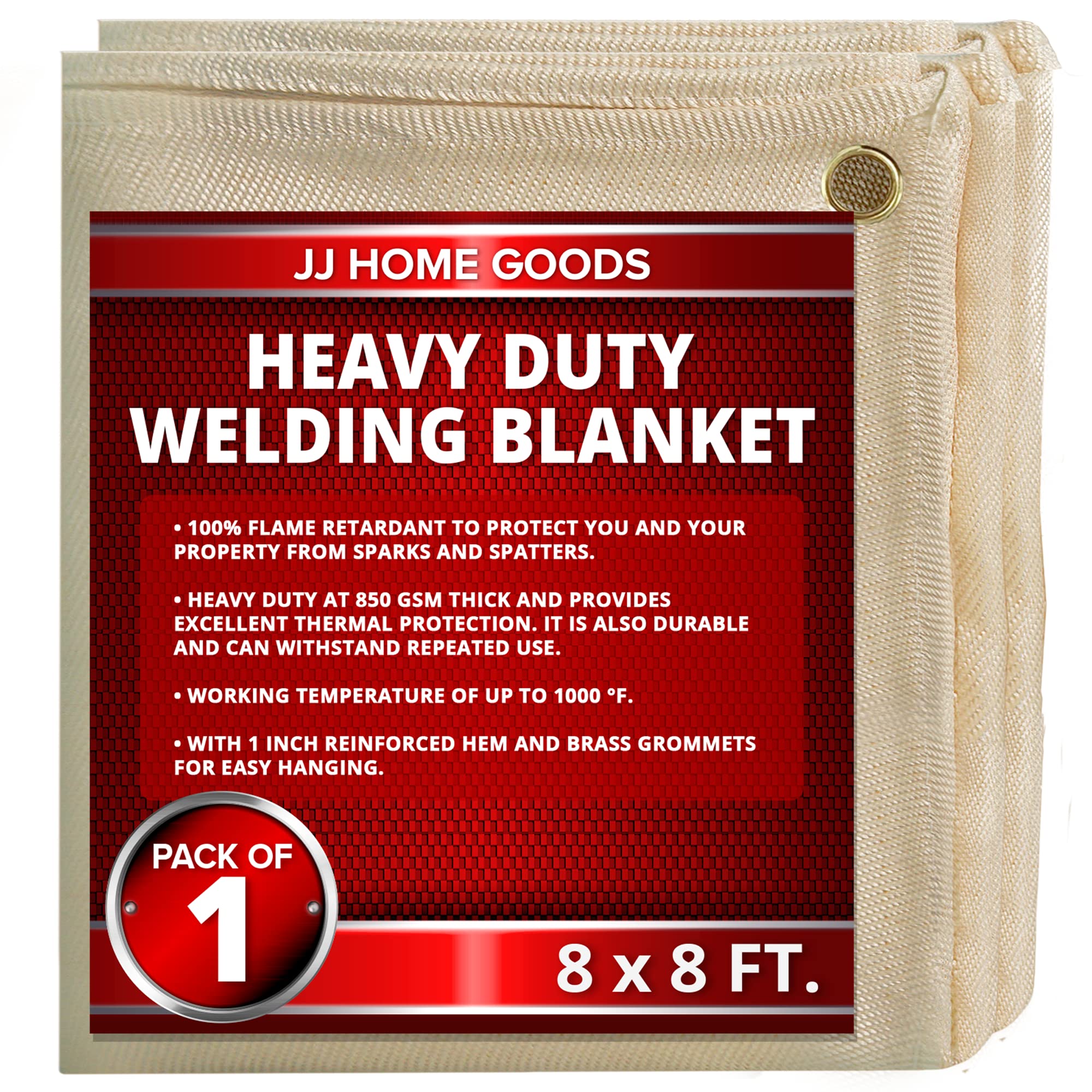 JJ CARE Welding Blanket - 1 Pack 8ft x 8ft Welding Mat - 850GSM Fiberglass Welding Blanket with Brass Grommets, Welders Blanket for Grill, Smoker Welding Blanket Heavy Duty, Welding Tarp & Shield