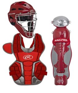 rawlings renegade 2.0 intermediate nocsae baseball protective catcher's gear set, scarlet and silver - one size