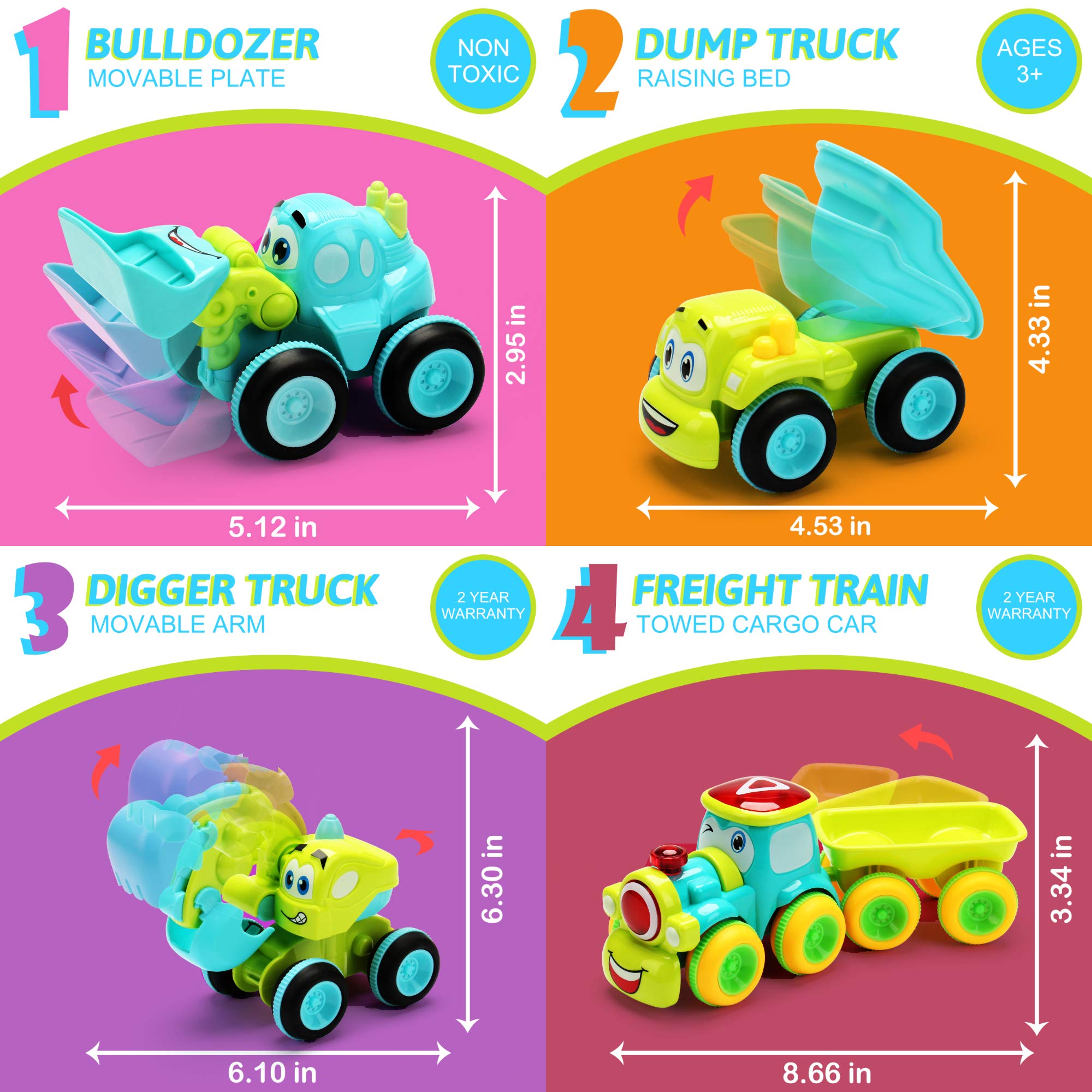 Toys for a 2 Year Old Boy - 4 Friction Powered Trucks for 3+ Year Old Boys, Push & Go Cars Cartoon Construction Vehicle Set - Best Toddler Boys Toys & Toy Trucks, Play Pull Back Car, Idea