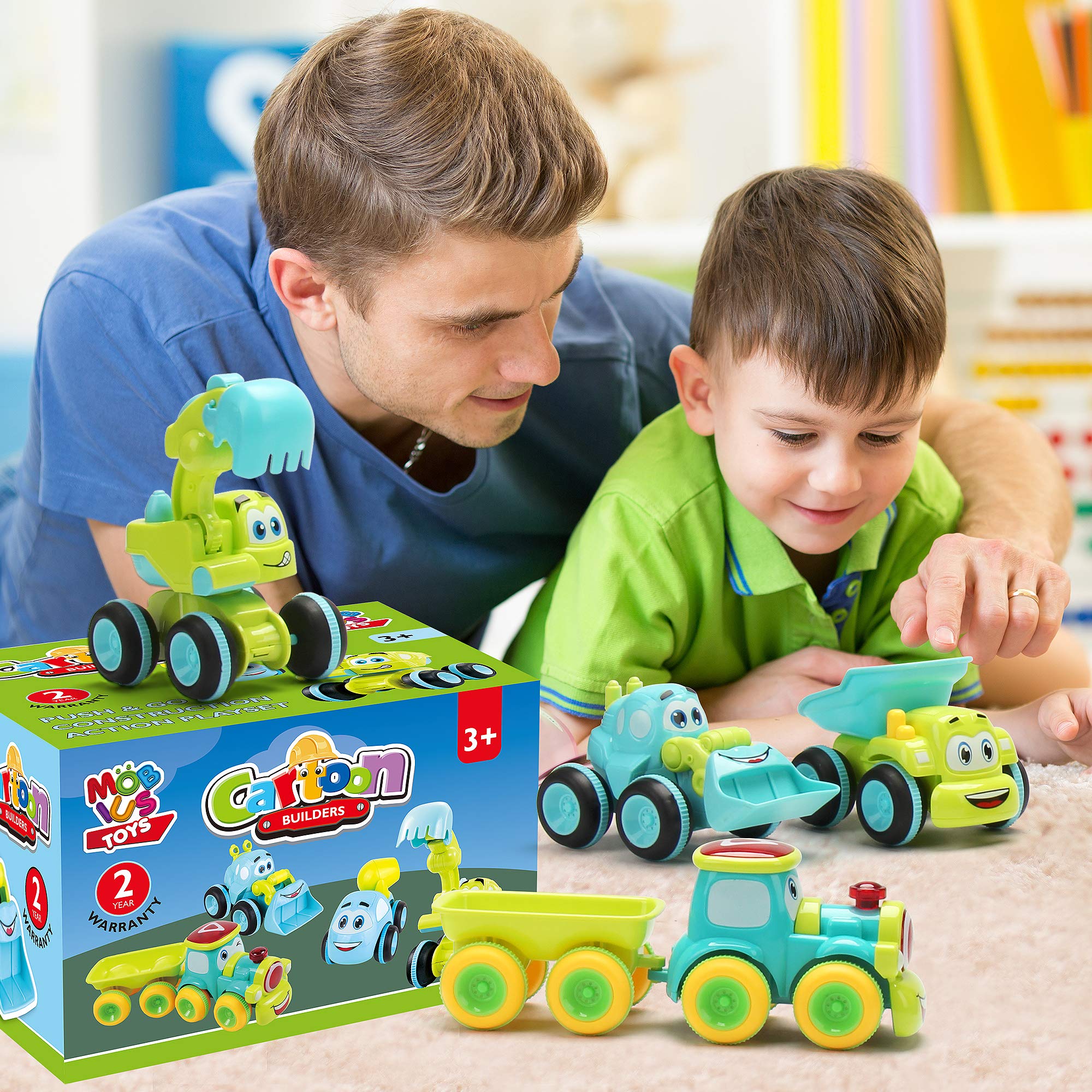 Toys for a 2 Year Old Boy - 4 Friction Powered Trucks for 3+ Year Old Boys, Push & Go Cars Cartoon Construction Vehicle Set - Best Toddler Boys Toys & Toy Trucks, Play Pull Back Car, Idea