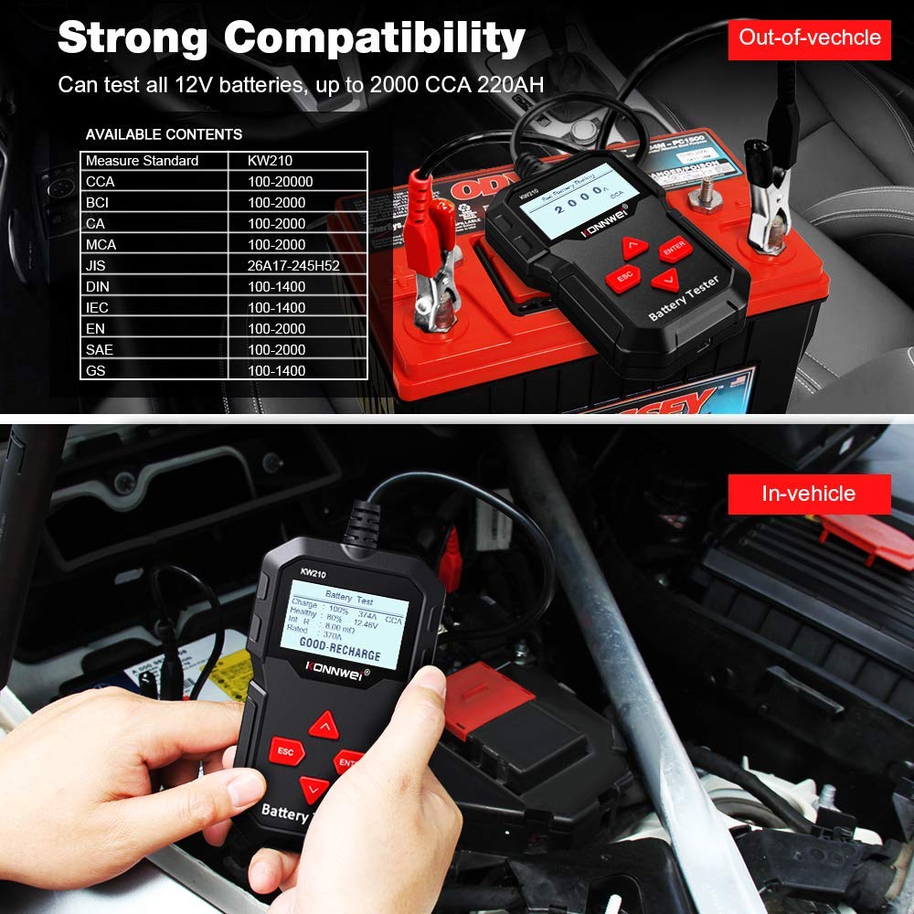 KONNWEI 12V Car Battery Tester 100-2000 CCA Load Tester Automotive Alternator Tester Battery Analyzer