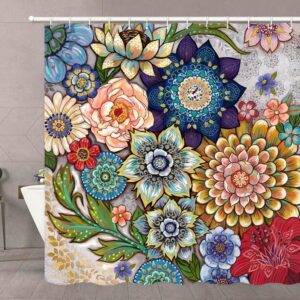 neasow boho floral shower curtains for bathroom, bright fabric blossom shower curtain with 12 hooks, multi color 72"×72"