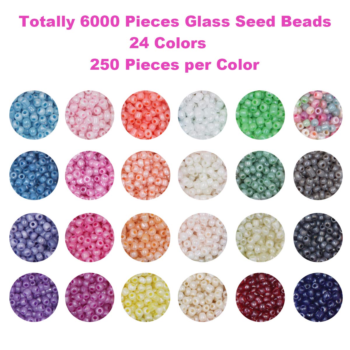 EuTengHao 6000pcs Glass Seed Beads Small Craft Beads for DIY Bracelet Necklaces Crafting Jewelry Making Supplies with Two 0.8mm Clear Bracelet String (4mm, 250 Per Color, 24 Colors)