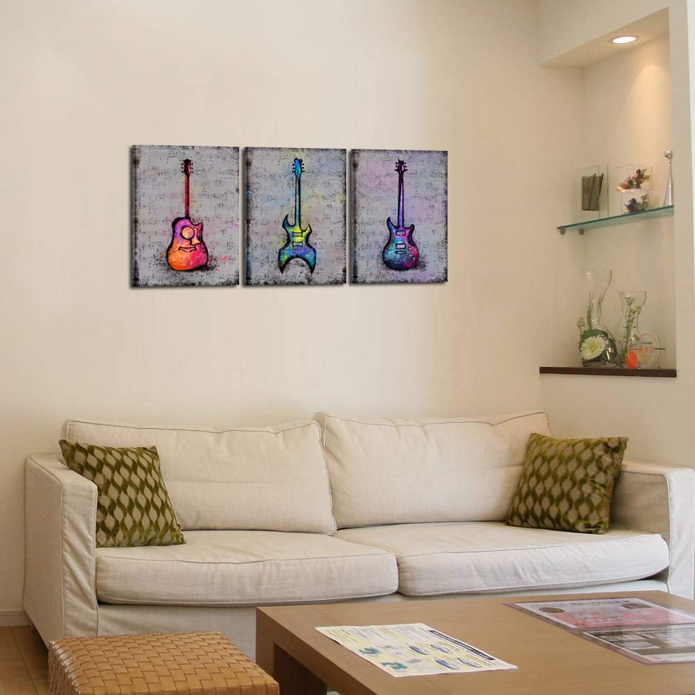 KREATIVE ARTS Abstract Guitar Music Wall Art Canvas Prints Musical Instruments Paintings Home Decor Decal HD Posters Printed Artworks for Bedroom Classroom Room 12x16inx3pc