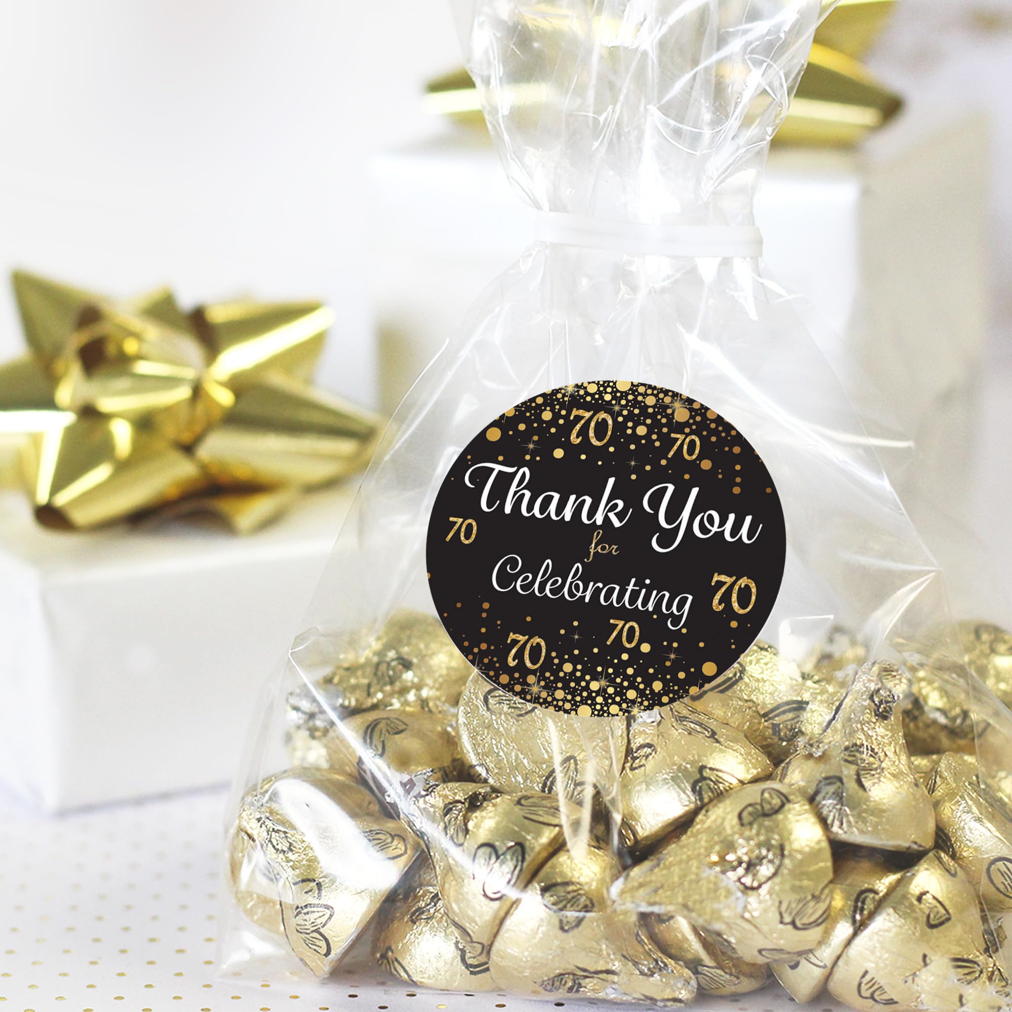 Black and Gold 70th Birthday Thank You Stickers - 1.75 in - 40 Labels