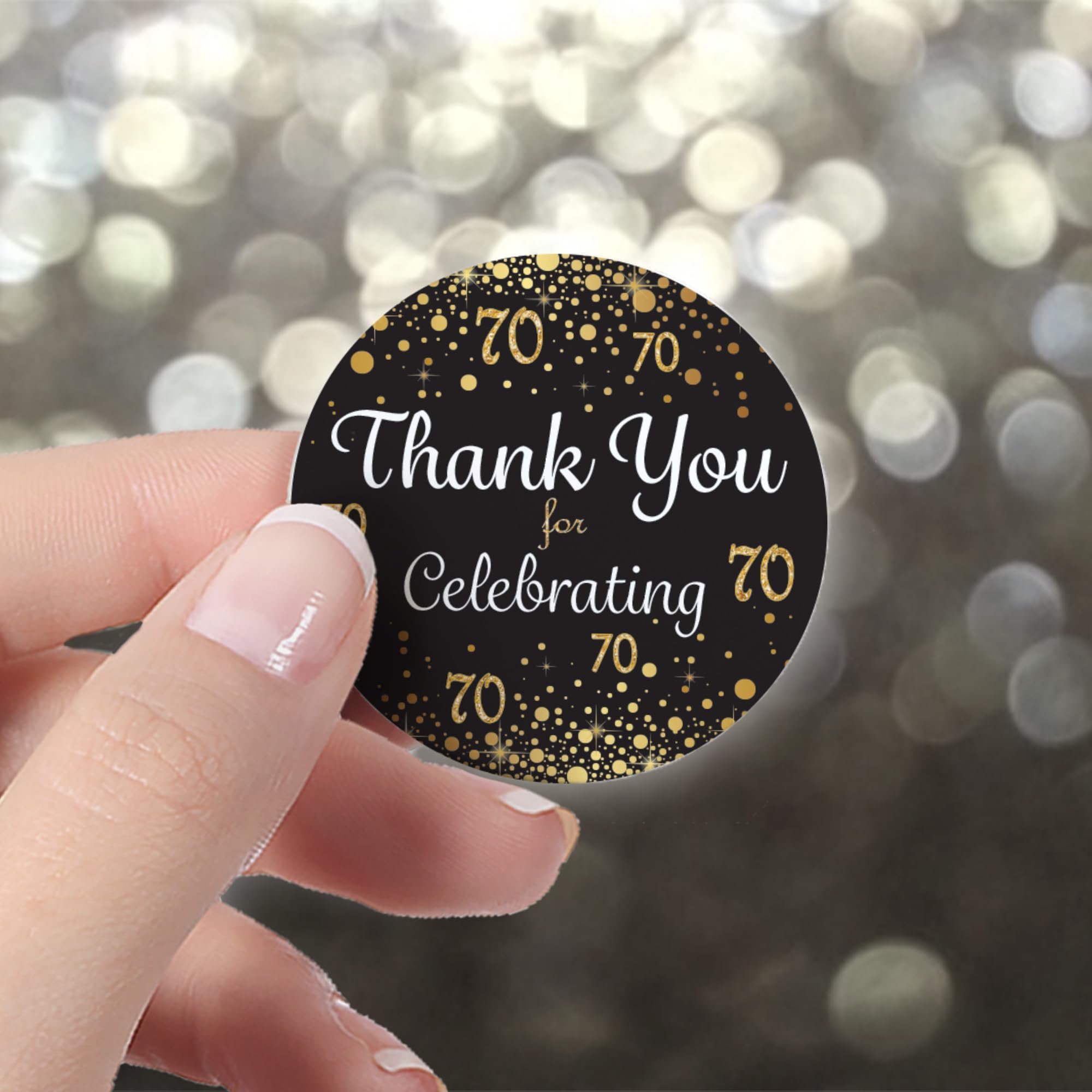 Black and Gold 70th Birthday Thank You Stickers - 1.75 in - 40 Labels