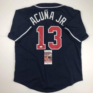 autographed/signed ronald acuna jr. atlanta blue baseball jersey jsa coa