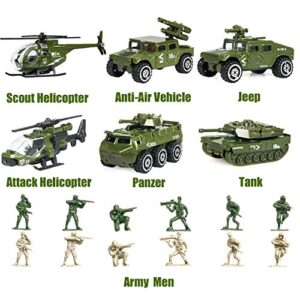 18 Pack Die-cast Military Vehicles Sets,6 Pack Assorted Alloy Metal Models Car Toys and 12 Pack Soldier Army Men, Mini Army Toy Tank,Panzer,Anti-Air Vehicle,Helicopter Playset for Kids Boys