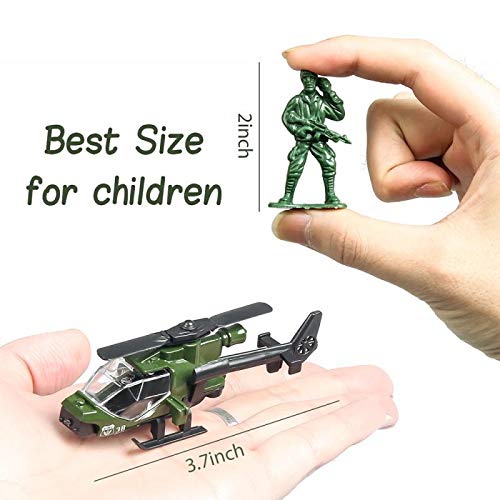 18 Pack Die-cast Military Vehicles Sets,6 Pack Assorted Alloy Metal Models Car Toys and 12 Pack Soldier Army Men, Mini Army Toy Tank,Panzer,Anti-Air Vehicle,Helicopter Playset for Kids Boys