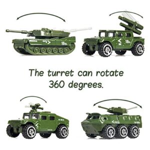 18 Pack Die-cast Military Vehicles Sets,6 Pack Assorted Alloy Metal Models Car Toys and 12 Pack Soldier Army Men, Mini Army Toy Tank,Panzer,Anti-Air Vehicle,Helicopter Playset for Kids Boys