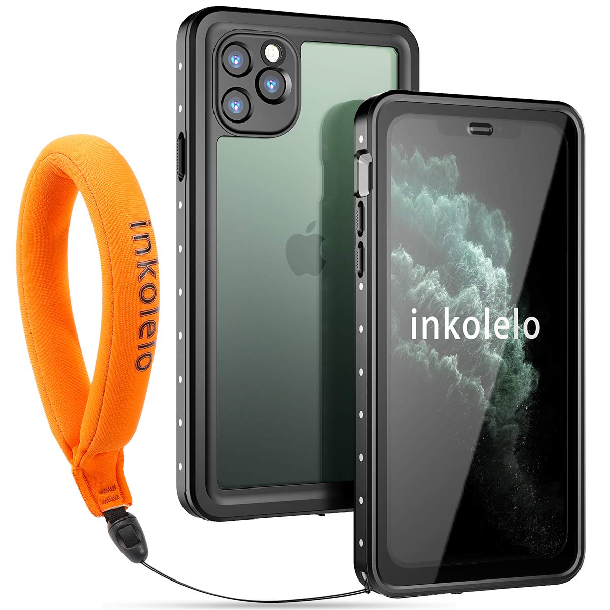 inkolelo iPhone 11 Pro Max Waterproof Case, Built-in Screen Full-Body Protector with Floating Strap IP68 Waterproof Case for iPhone 11 Pro Max 6.5 inch Case (2019) - Matte Black/Orange