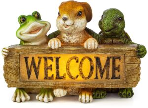 vp home backyard friends welcome sign frog rabbit turtle solar powered led outdoor decor garden light welcome gnome statues outdoor gnome decor funny figurine decor for outside patio, yard, lawn