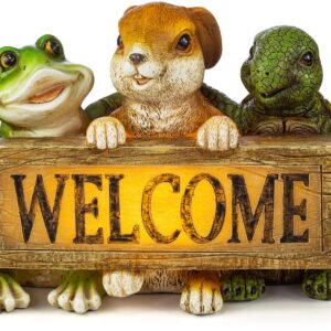 VP Home Backyard Friends Welcome Sign Frog Rabbit Turtle Solar Powered LED Outdoor Decor Garden Light Welcome gnome Statues Outdoor gnome decor Funny Figurine Decor for Outside Patio, Yard, Lawn