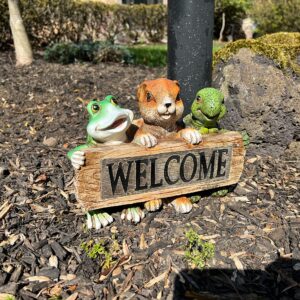 VP Home Backyard Friends Welcome Sign Frog Rabbit Turtle Solar Powered LED Outdoor Decor Garden Light Welcome gnome Statues Outdoor gnome decor Funny Figurine Decor for Outside Patio, Yard, Lawn