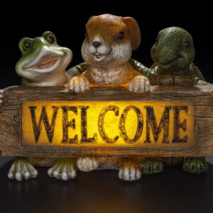 VP Home Backyard Friends Welcome Sign Frog Rabbit Turtle Solar Powered LED Outdoor Decor Garden Light Welcome gnome Statues Outdoor gnome decor Funny Figurine Decor for Outside Patio, Yard, Lawn