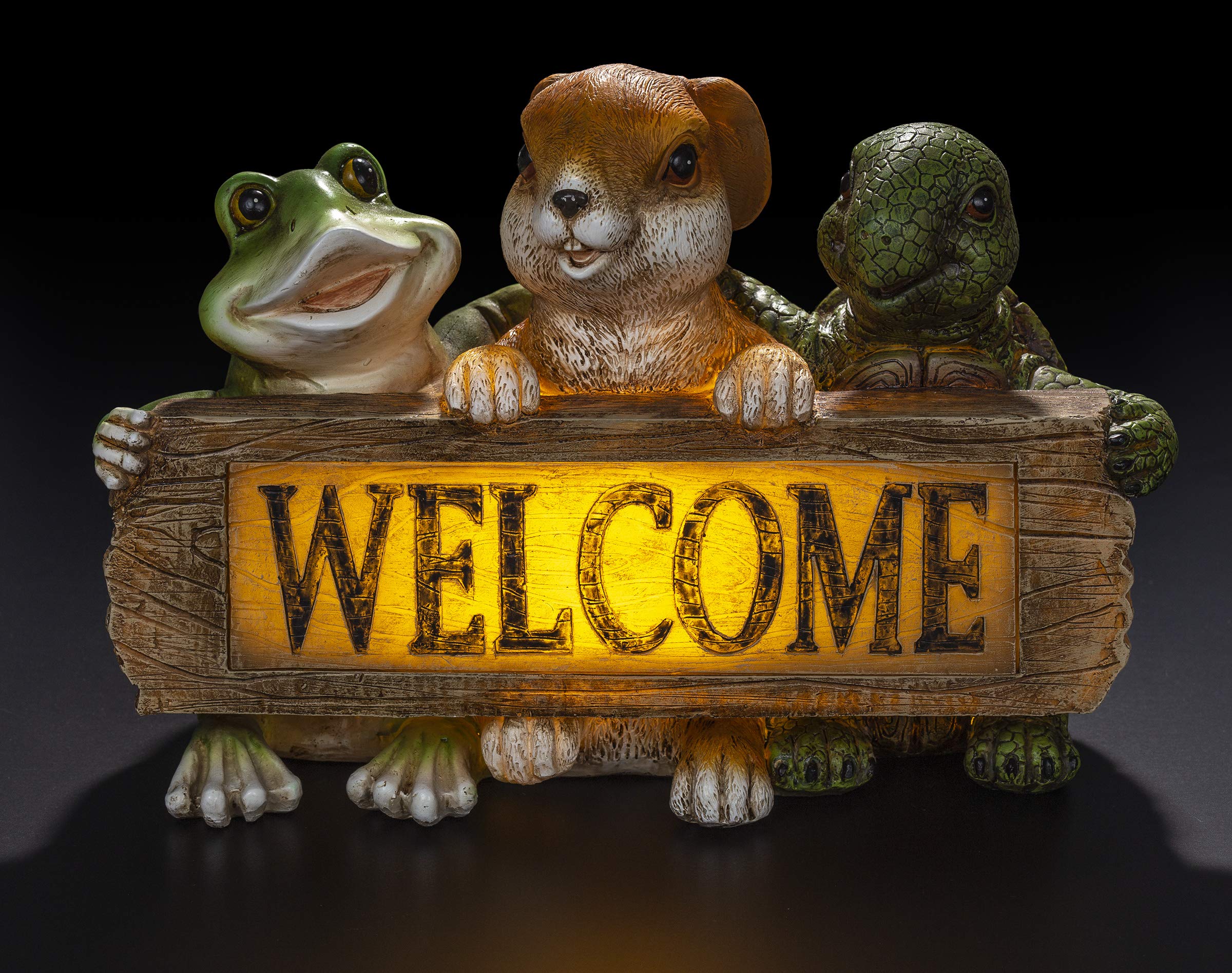 VP Home Backyard Friends Welcome Sign Frog Rabbit Turtle Solar Powered LED Outdoor Decor Garden Light Welcome gnome Statues Outdoor gnome decor Funny Figurine Decor for Outside Patio, Yard, Lawn