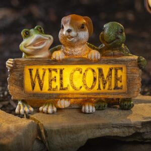 VP Home Backyard Friends Welcome Sign Frog Rabbit Turtle Solar Powered LED Outdoor Decor Garden Light Welcome gnome Statues Outdoor gnome decor Funny Figurine Decor for Outside Patio, Yard, Lawn