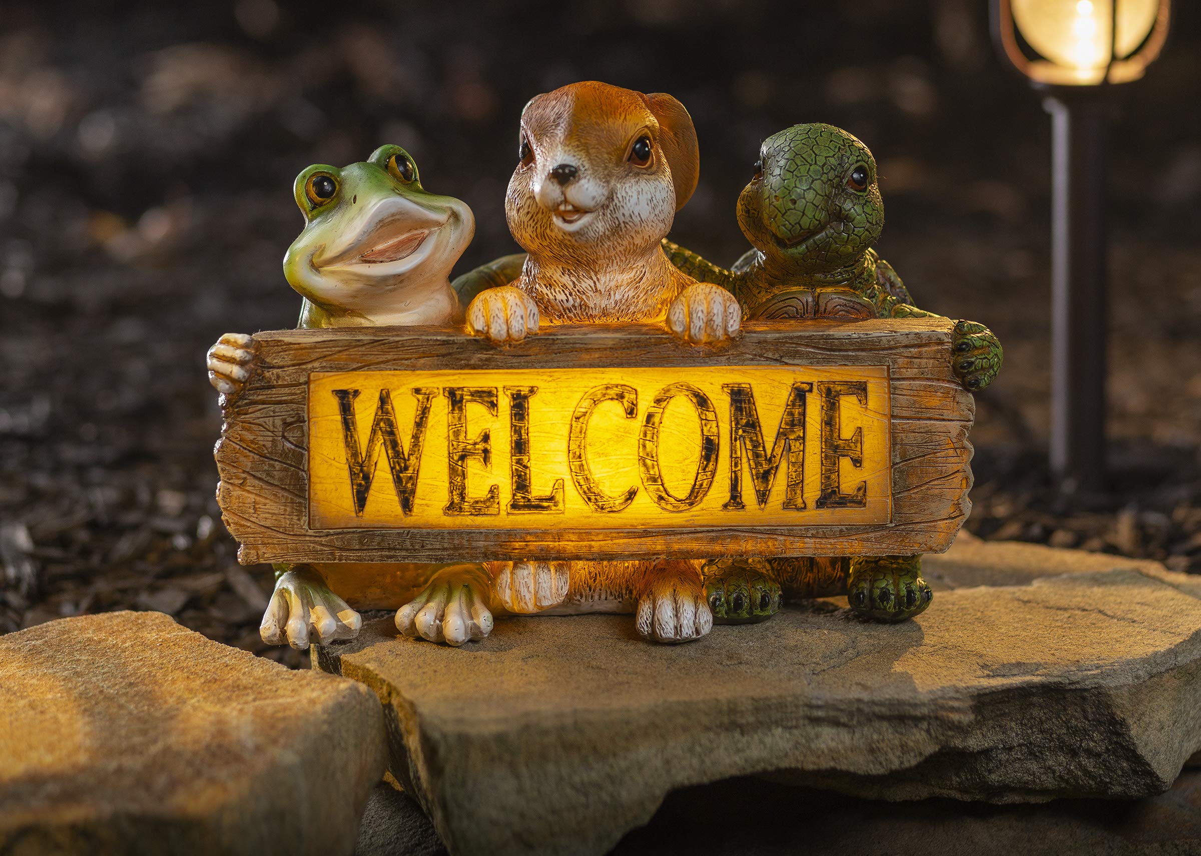 VP Home Backyard Friends Welcome Sign Frog Rabbit Turtle Solar Powered LED Outdoor Decor Garden Light Welcome gnome Statues Outdoor gnome decor Funny Figurine Decor for Outside Patio, Yard, Lawn