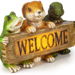 VP Home Backyard Friends Welcome Sign Frog Rabbit Turtle Solar Powered LED Outdoor Decor Garden Light Welcome gnome Statues Outdoor gnome decor Funny Figurine Decor for Outside Patio, Yard, Lawn