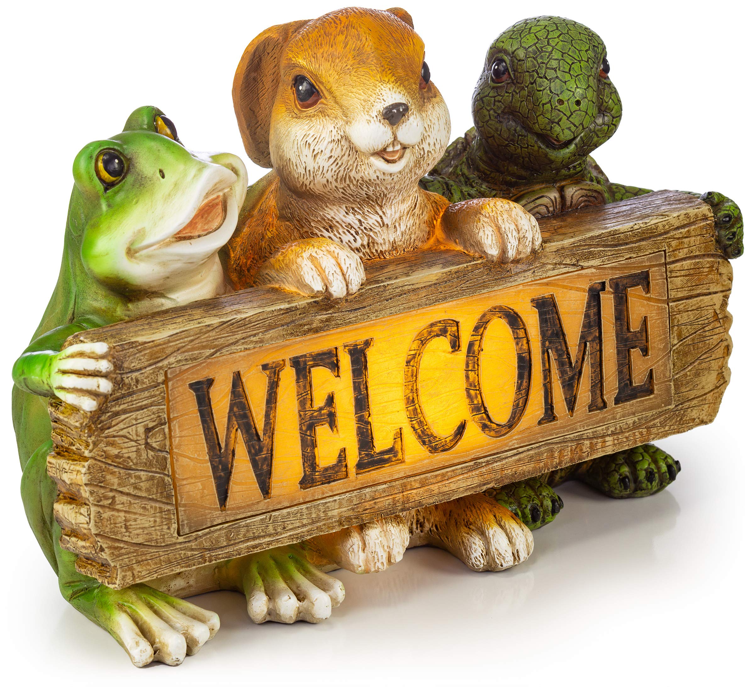 VP Home Backyard Friends Welcome Sign Frog Rabbit Turtle Solar Powered LED Outdoor Decor Garden Light Welcome gnome Statues Outdoor gnome decor Funny Figurine Decor for Outside Patio, Yard, Lawn