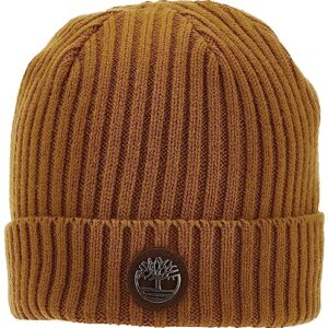 Timberland Men's Ribbed Watch Cap with Logo Plate, Wheat, One Size