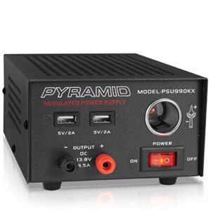 pyramid universal compact bench power supply - 7 amp regulated home lab benchtop ac-dc converter power supply for cb radio, ham w/ 13.8 volt dc 120v ac supply, dual usb, cigarette lighter psu990kx