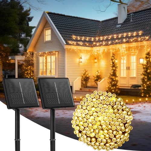 2-Pack 480LED 170FT Total Solar Outdoor Lights IP65 Waterproof Solar Powered Lights with 8 Lighting Modes for Party Garden Yard Home Holiday Tree Decoration Lighting, Warm White