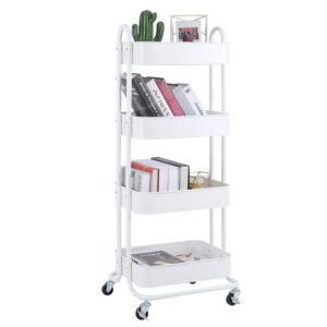 4-tier metal mesh utility rolling cart storage organizer shelf rack with lockable wheels for living room kitchen office, white