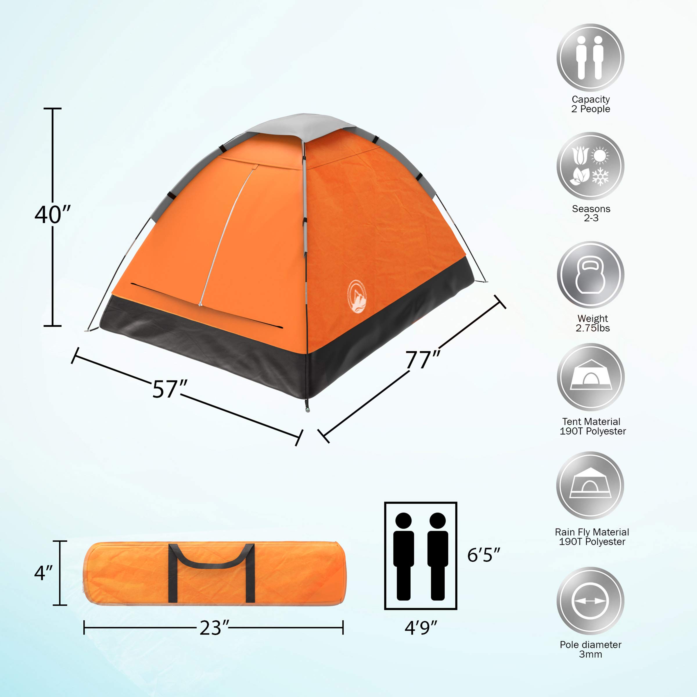 2-Person Camping Tent - Includes Rain Fly and Carrying Bag - Lightweight Compact Outdoor Tent for Backpacking, Hiking, or Beaches by Wakeman (Orange)