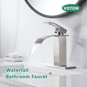 VOTON Waterfall Spout Single Handle Bathroom Faucet Brushed Nickel Commercial Modern Lavatory Deck Mount