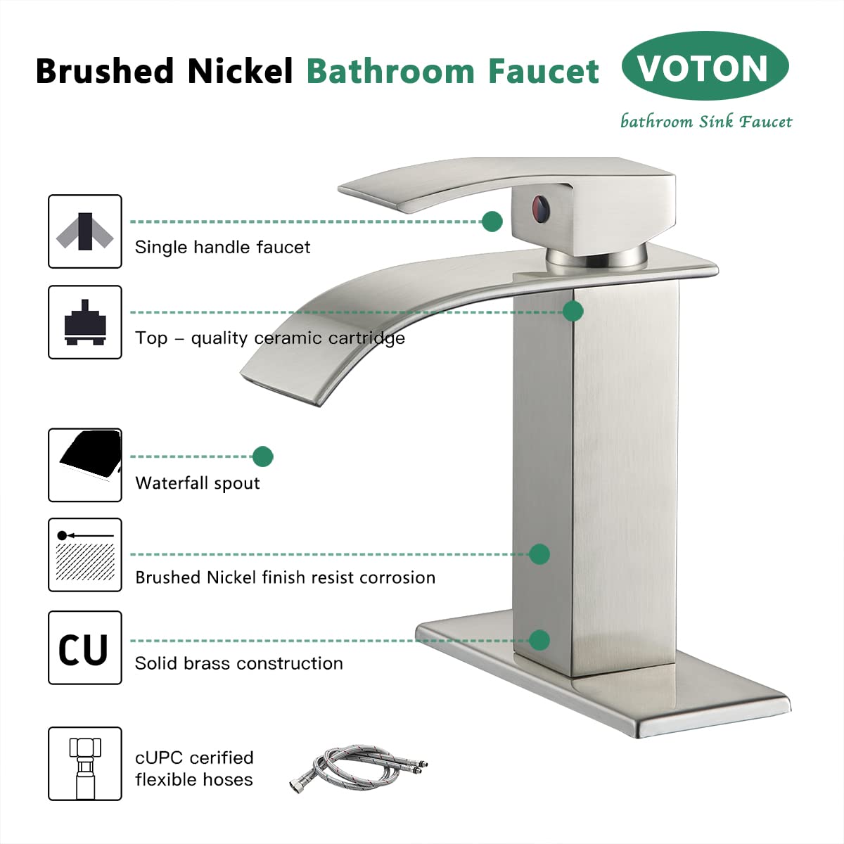 VOTON Waterfall Spout Single Handle Bathroom Faucet Brushed Nickel Commercial Modern Lavatory Deck Mount