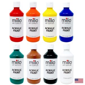 milo acrylic paint set of 8 colors | 8 oz bottles | student primary colors acrylics painting pack | made in the usa | non-toxic art & craft paints for artists, kids, & hobby painters