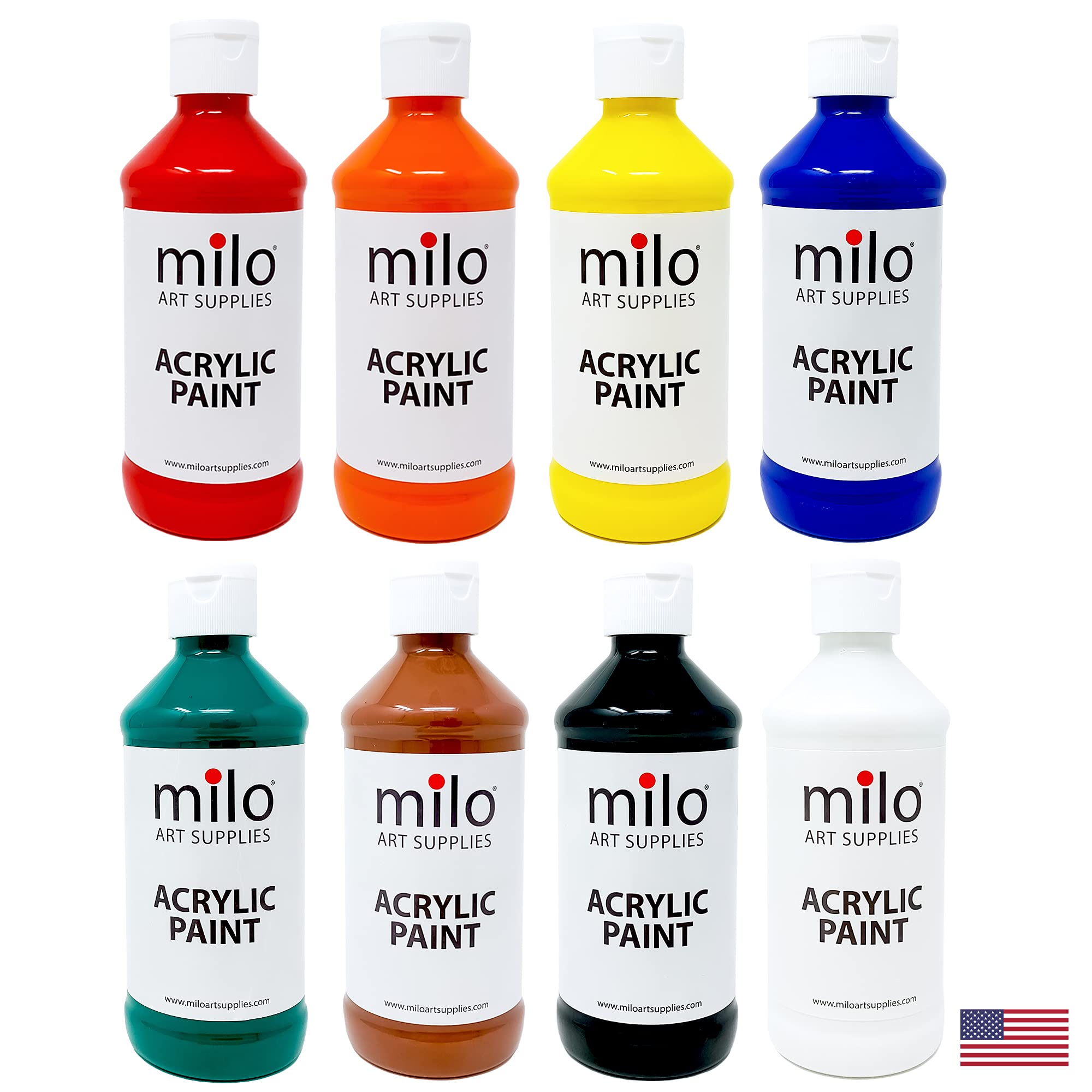 milo Acrylic Paint Set of 8 Colors | 8 oz Bottles | Student Primary Colors Acrylics Painting Pack | Made in the USA | Non-Toxic Art & Craft Paints for Artists, Kids, & Hobby Painters