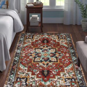 lahome collection traditional oriental area rug - 3’ x 5’ faux wool non-slip area rug accent distressed throw rugs floor carpet for living room bedrooms laundry room decor (3’ x 5’, red)